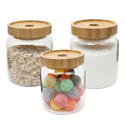 Set of 3 Airtight Glass Jars with Bamboo Lids - Decorative & Durable 16-Oz Borosilicate Glass Canisters Hold Coffee Beans, Tea, Flour, Sugar, Nuts, Candy, Bath Salts & More