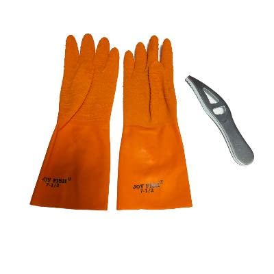 Handy fish skin scale scraper clean tool with heavy duty latex safe glove for kitchen seafood cleaning set (1 handy scaler + 1 pair glove size 9-1/2 Medium)