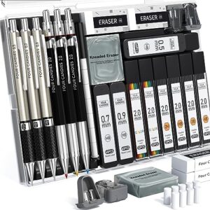 fourcandies 25pcs art mechanical pencil set with case, 3pcs metal artist lead pencil 0.5, 0.7, 0.9 mm & 3pcs 2mm lead holder(hb 2h 2b 4b color) with 432pcs graphite lead refills for drawing sketching