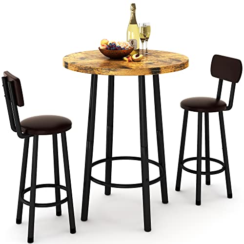 Recaceik 3 Piece Pub Dining Set, Modern Round bar Table and Stools for 2 Kitchen Counter Height Wood Top Bistro Easy Assemble for Breakfast Nook Living Room Small Space Restaurant, Rustic Brown 23.6"