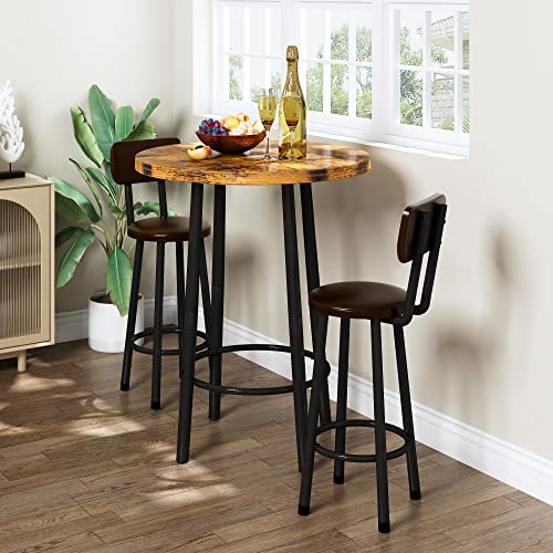 Recaceik 3 Piece Pub Dining Set, Modern Round bar Table and Stools for 2 Kitchen Counter Height Wood Top Bistro Easy Assemble for Breakfast Nook Living Room Small Space Restaurant, Rustic Brown 23.6"