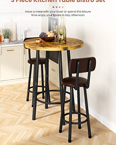 Recaceik 3 Piece Pub Dining Set, Modern Round bar Table and Stools for 2 Kitchen Counter Height Wood Top Bistro Easy Assemble for Breakfast Nook Living Room Small Space Restaurant, Rustic Brown 23.6"