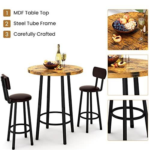 Recaceik 3 Piece Pub Dining Set, Modern Round bar Table and Stools for 2 Kitchen Counter Height Wood Top Bistro Easy Assemble for Breakfast Nook Living Room Small Space Restaurant, Rustic Brown 23.6"