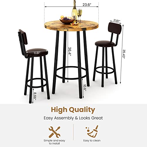 Recaceik 3 Piece Pub Dining Set, Modern Round bar Table and Stools for 2 Kitchen Counter Height Wood Top Bistro Easy Assemble for Breakfast Nook Living Room Small Space Restaurant, Rustic Brown 23.6"