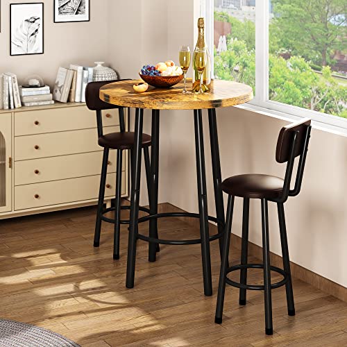 Recaceik 3 Piece Pub Dining Set, Modern Round bar Table and Stools for 2 Kitchen Counter Height Wood Top Bistro Easy Assemble for Breakfast Nook Living Room Small Space Restaurant, Rustic Brown 23.6"