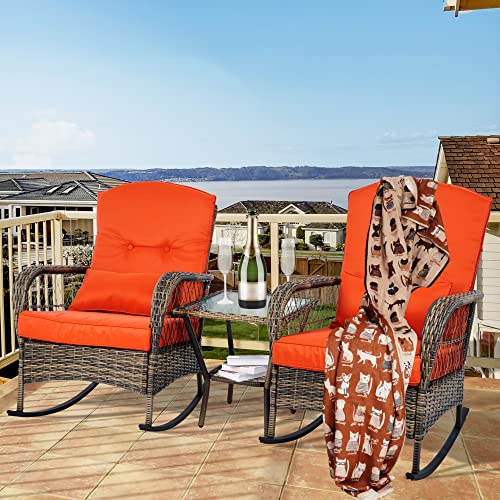 SENSWEET Wicker Rocking Chairs Set of 2, Rattan Patio Rocking Chairs, All-Weather Rocking Lawn Wicker Furniture for Porch Deck Garden Backyard(Red)