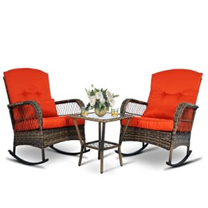 SENSWEET Wicker Rocking Chairs Set of 2, Rattan Patio Rocking Chairs, All-Weather Rocking Lawn Wicker Furniture for Porch Deck Garden Backyard(Red)