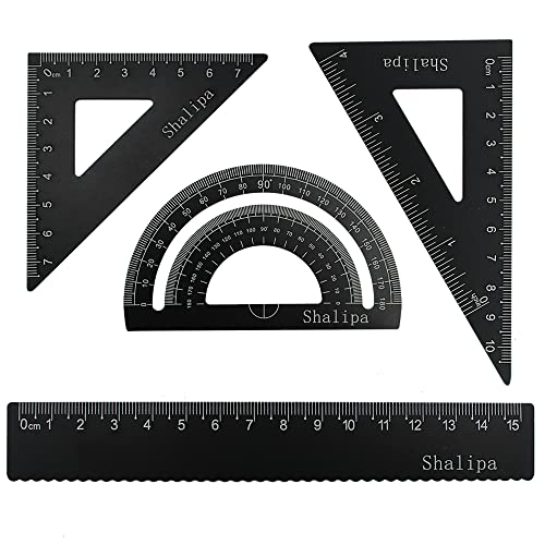 Shalipa Triangle Ruler Four-Piece Set Aluminum Alloy Geometric Protractor Mathematical Triangle Ruler Set Student Stationery (Black)