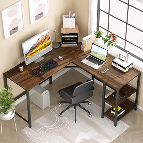 TinyTimes 54.3" L-Shaped Computer Desk, Corner Desk, Computer Desk, for Home Office Writing Study Workstation Industrial Style PC Laptop Table Gaming Desk Save Space Easy Assembly -Brown+Black