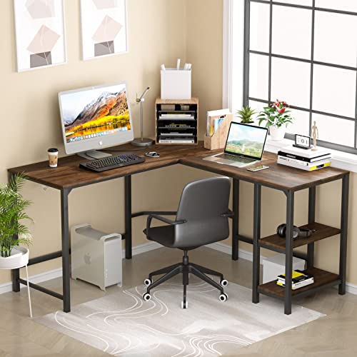 TinyTimes 54.3" L-Shaped Computer Desk, Corner Desk, Computer Desk, for Home Office Writing Study Workstation Industrial Style PC Laptop Table Gaming Desk Save Space Easy Assembly -Brown+Black