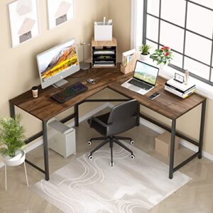 tinytimes 54.3" l-shaped computer desk, corner desk, computer desk, for home office writing study workstation industrial style pc laptop table gaming desk save space easy assembly -brown+black