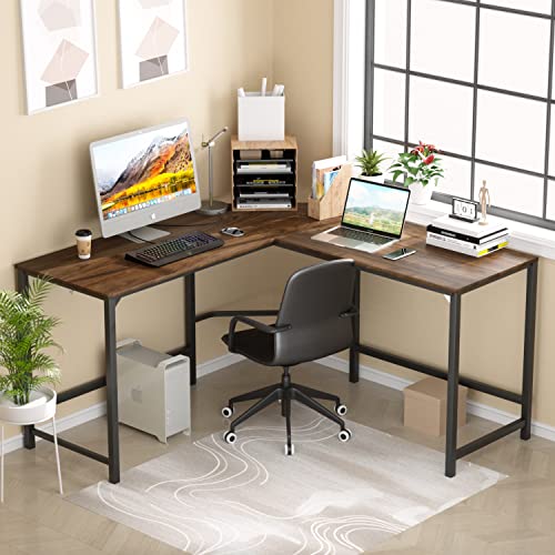 TinyTimes 54.3" L-Shaped Computer Desk, Corner Desk, Computer Desk, for Home Office Writing Study Workstation Industrial Style PC Laptop Table Gaming Desk Save Space Easy Assembly -Brown+Black