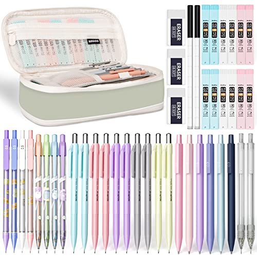 Nicpro 46PCS Aesthetic School Supplies With Big Capacity Pen Case, 26PCS Cute Pastel Mechanical Pencils 0.5 mm & 0.7 mm with 12 Tube HB Lead Refills, Erasers,Eraser Refills for Student Writing Drawing