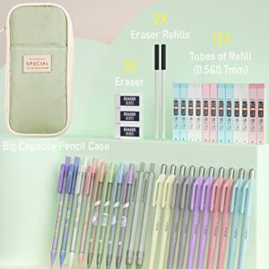 Nicpro 46PCS Aesthetic School Supplies With Big Capacity Pen Case, 26PCS Cute Pastel Mechanical Pencils 0.5 mm & 0.7 mm with 12 Tube HB Lead Refills, Erasers,Eraser Refills for Student Writing Drawing