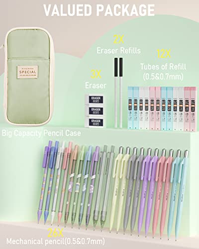 Nicpro 46PCS Aesthetic School Supplies With Big Capacity Pen Case, 26PCS Cute Pastel Mechanical Pencils 0.5 mm & 0.7 mm with 12 Tube HB Lead Refills, Erasers,Eraser Refills for Student Writing Drawing