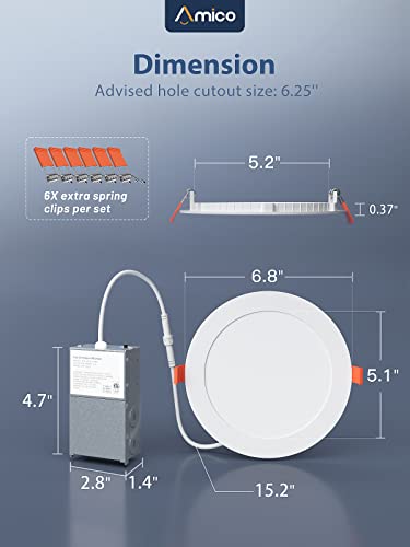 Amico 12 Pack 6 Inch 5CCT Ultra-Thin LED Recessed Ceiling Light with Junction Box, 2700K/3000K/4000K/5000K/6000K Selectable, Dimmable Canless Light, 1200LM High Brightness Downlight, 15W Eqv 130W, ETL