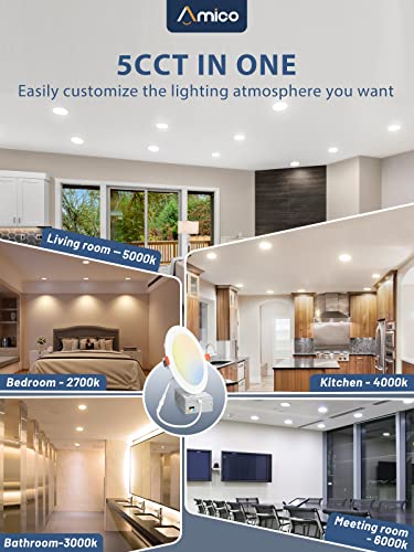 Amico 12 Pack 6 Inch 5CCT Ultra-Thin LED Recessed Ceiling Light with Junction Box, 2700K/3000K/4000K/5000K/6000K Selectable, Dimmable Canless Light, 1200LM High Brightness Downlight, 15W Eqv 130W, ETL