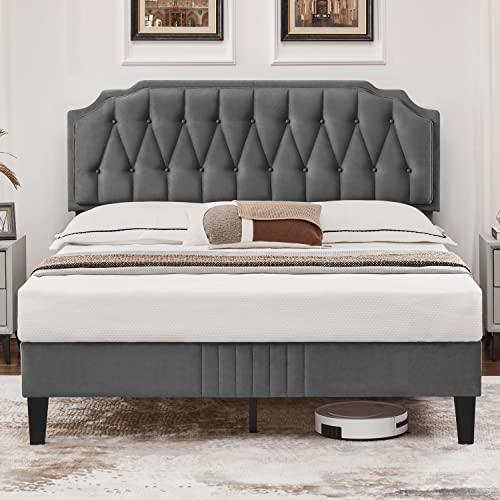 Yaheetech Queen Bed Frame Velvet Upholstered Platform Bed with Curved Headboard, Height-Adjustable Headboard/Noise-Free/Wooden Slats Support/No Box Spring Needed/Easy Assembly, Dark Gray Queen Bed