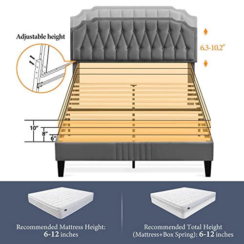 Yaheetech Queen Bed Frame Velvet Upholstered Platform Bed with Curved Headboard, Height-Adjustable Headboard/Noise-Free/Wooden Slats Support/No Box Spring Needed/Easy Assembly, Dark Gray Queen Bed