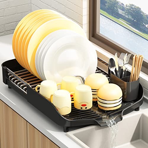 Dish Drying Rack - Large Dish Rack, Expandable Stainless Steel Dish Drainers for Kitchen Counter with Cutlery Holder, Drying Rack for Kitchen Sink, Black