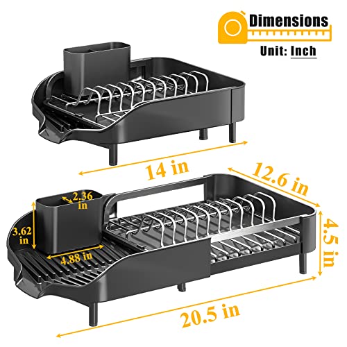 Dish Drying Rack - Large Dish Rack, Expandable Stainless Steel Dish Drainers for Kitchen Counter with Cutlery Holder, Drying Rack for Kitchen Sink, Black