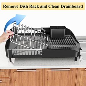 Dish Drying Rack - Large Dish Rack, Expandable Stainless Steel Dish Drainers for Kitchen Counter with Cutlery Holder, Drying Rack for Kitchen Sink, Black