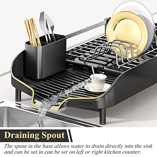 Dish Drying Rack - Large Dish Rack, Expandable Stainless Steel Dish Drainers for Kitchen Counter with Cutlery Holder, Drying Rack for Kitchen Sink, Black