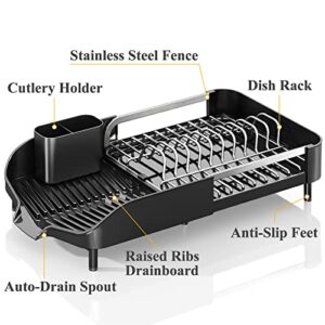 Dish Drying Rack - Large Dish Rack, Expandable Stainless Steel Dish Drainers for Kitchen Counter with Cutlery Holder, Drying Rack for Kitchen Sink, Black