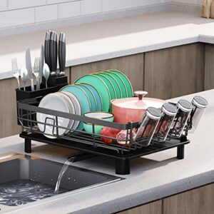 XILIDIA Dish Drying Rack with Drainboard, Grey Dish Racks for Kitchen Counter, Dish Dryer Rack with Drainage, Large Capacity Dish Drainer with Utensil Holder and Extra Dish Drying Mat