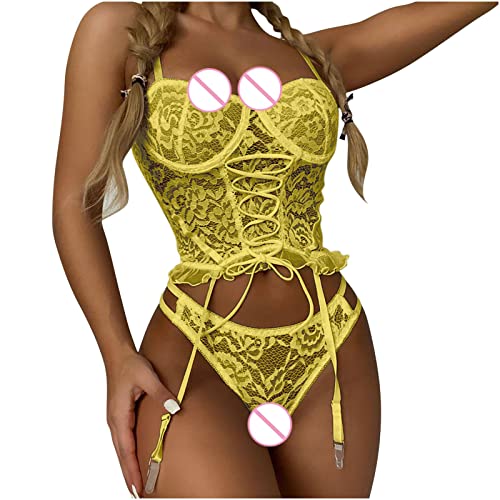 Sexy Lingerie for Women for Sex Naughty Play Teddy Babydoll Underwear with Garter Exotic Bodysuit Corset Sleepwear Yellow