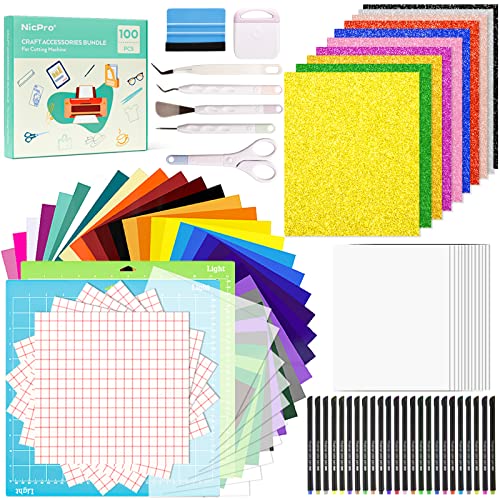 Nicpro 100 PCS Accessories Bundle for Cricut Machine Maker Cricut Tool kit with (12x12") 10 Heat Transfer Vinyl, 32 Adhesive Vinyl Sheets, Weeding Tools, 2 Cutting Mats, 24 Colored Pen for Beginner