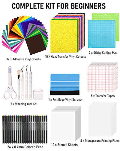 Nicpro 100 PCS Accessories Bundle for Cricut Machine Maker Cricut Tool kit with (12x12") 10 Heat Transfer Vinyl, 32 Adhesive Vinyl Sheets, Weeding Tools, 2 Cutting Mats, 24 Colored Pen for Beginner