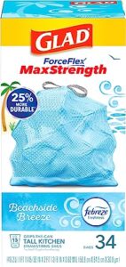 glad forceflex maxstrength tall kitchen drawstring trash bags, 13 gallon, beachside breeze with febreze freshness, 34 count