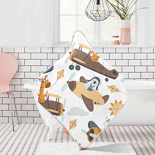 Pigsaly Cute Giraffe Koala Hooded Baby Towel Airplane Animals Baby Bath Towel Unisex Soft Organic Cotton Washcloths Toddlers Shower Gifts for Boys Girls Newborn 30 x 30 in