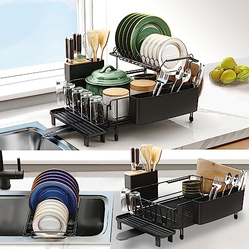 Runnatal Large Dish Drying Rack with Drainboard Set, Detachable 2-in-1 Large-Capacity 2-Tier Over The Sink Dish Drying Rack and Dish Drainer for Kitchen Counter