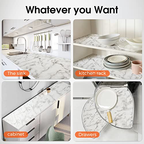 Drawer and Shelf Liner for Kitchen Cabinet: Non Adhesive Fridge Liner Washable Reusable Easy to Clean Strong Grip Liner for Cabinets, Dresser, Bathroom Cupboard Drawers, White Marble (12 in x 10 FT)