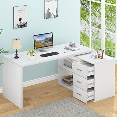 HSH White L Shaped Desk with Drawers Shelves, L Shaped Computer Desk with Storage Cabinet, Corner Home Office Desk for PC Executive Writing Study Work, Reversible Bedroom Wood Computer Table, 55 Inch