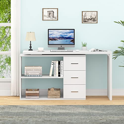 HSH White L Shaped Desk with Drawers Shelves, L Shaped Computer Desk with Storage Cabinet, Corner Home Office Desk for PC Executive Writing Study Work, Reversible Bedroom Wood Computer Table, 55 Inch