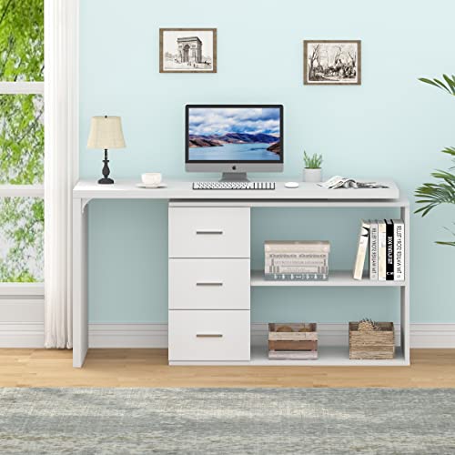 HSH White L Shaped Desk with Drawers Shelves, L Shaped Computer Desk with Storage Cabinet, Corner Home Office Desk for PC Executive Writing Study Work, Reversible Bedroom Wood Computer Table, 55 Inch