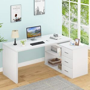 HSH White L Shaped Desk with Drawers Shelves, L Shaped Computer Desk with Storage Cabinet, Corner Home Office Desk for PC Executive Writing Study Work, Reversible Bedroom Wood Computer Table, 55 Inch