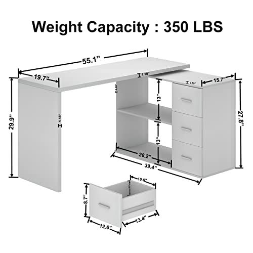 HSH White L Shaped Desk with Drawers Shelves, L Shaped Computer Desk with Storage Cabinet, Corner Home Office Desk for PC Executive Writing Study Work, Reversible Bedroom Wood Computer Table, 55 Inch