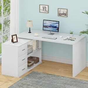 HSH White L Shaped Desk with Drawers Shelves, L Shaped Computer Desk with Storage Cabinet, Corner Home Office Desk for PC Executive Writing Study Work, Reversible Bedroom Wood Computer Table, 55 Inch