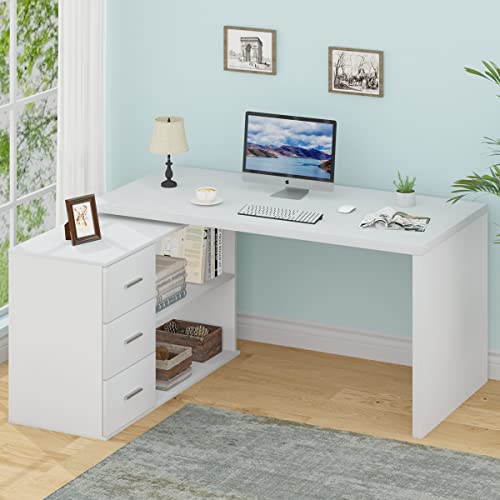 HSH White L Shaped Desk with Drawers Shelves, L Shaped Computer Desk with Storage Cabinet, Corner Home Office Desk for PC Executive Writing Study Work, Reversible Bedroom Wood Computer Table, 55 Inch