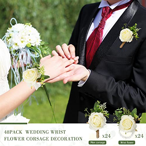 48 Pcs Wedding Wrist Corsage Boutonniere Set, Ivory Rose Wrist Flower Wristlet Band Corsage Bracelet for Bride Bridesmaid Women Girls White Boutonniere for Men Groom Groomsmen for Prom Wedding Party