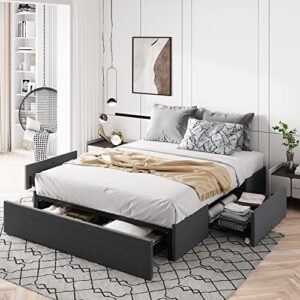 allewie full size platform bed frame with 3 storage drawers, fabric upholstered, wooden slats support, no box spring needed, noise free, easy assembly, dark grey