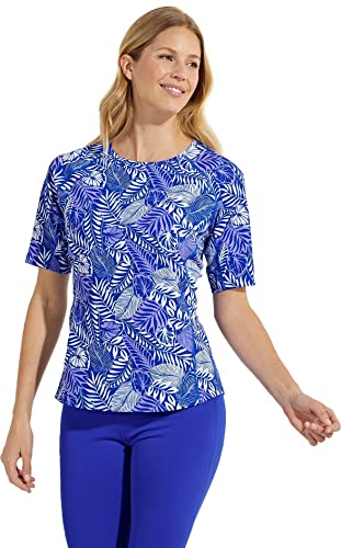 Coolibar UPF 50+ Women's Hightide Short Sleeve Swim Shirt - Sun Protective (Medium- Baja Blue Vista Palm)