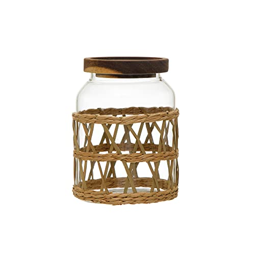 Creative Co-Op Boho Glass Storage Acacia Wood Lid, Natural Canister