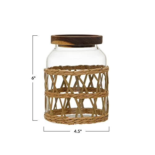 Creative Co-Op Boho Glass Storage Acacia Wood Lid, Natural Canister