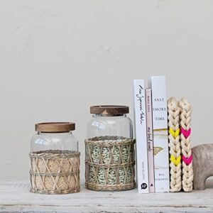 Creative Co-Op Boho Glass Storage Acacia Wood Lid, Natural Canister