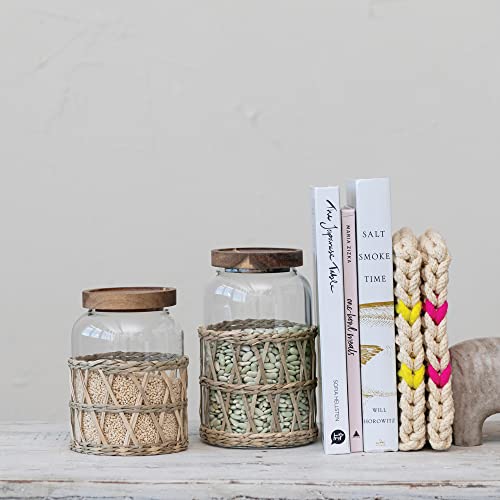 Creative Co-Op Boho Glass Storage Acacia Wood Lid, Natural Canister